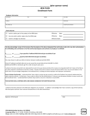 Fillable Online 401K PLAN Enrollment Form - CDSA Administrative ...