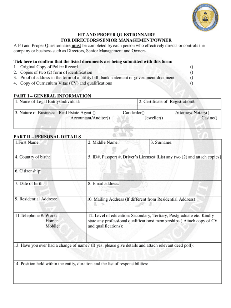 Fillable Online FIT AND PROPER QUESTIONNAIRE FOR DIRECTORS/ ... Fax ...