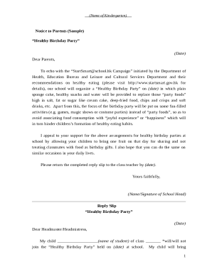 Notice to Parents (Sample) "Healthy Birthday Party". Resources For Pre ...