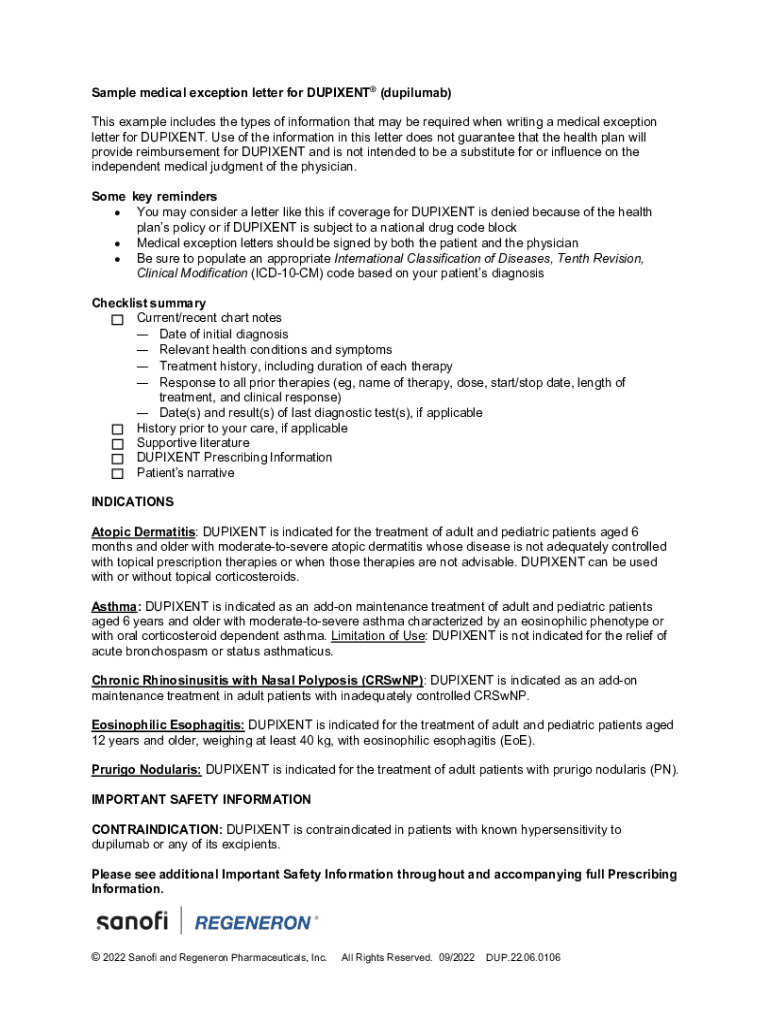 Fillable Online Sample medical exception letter for DUPIXENT (dupilumab ...