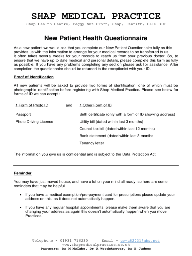 Fillable Online The Doctors and staff at Shap Medical Practice would ...
