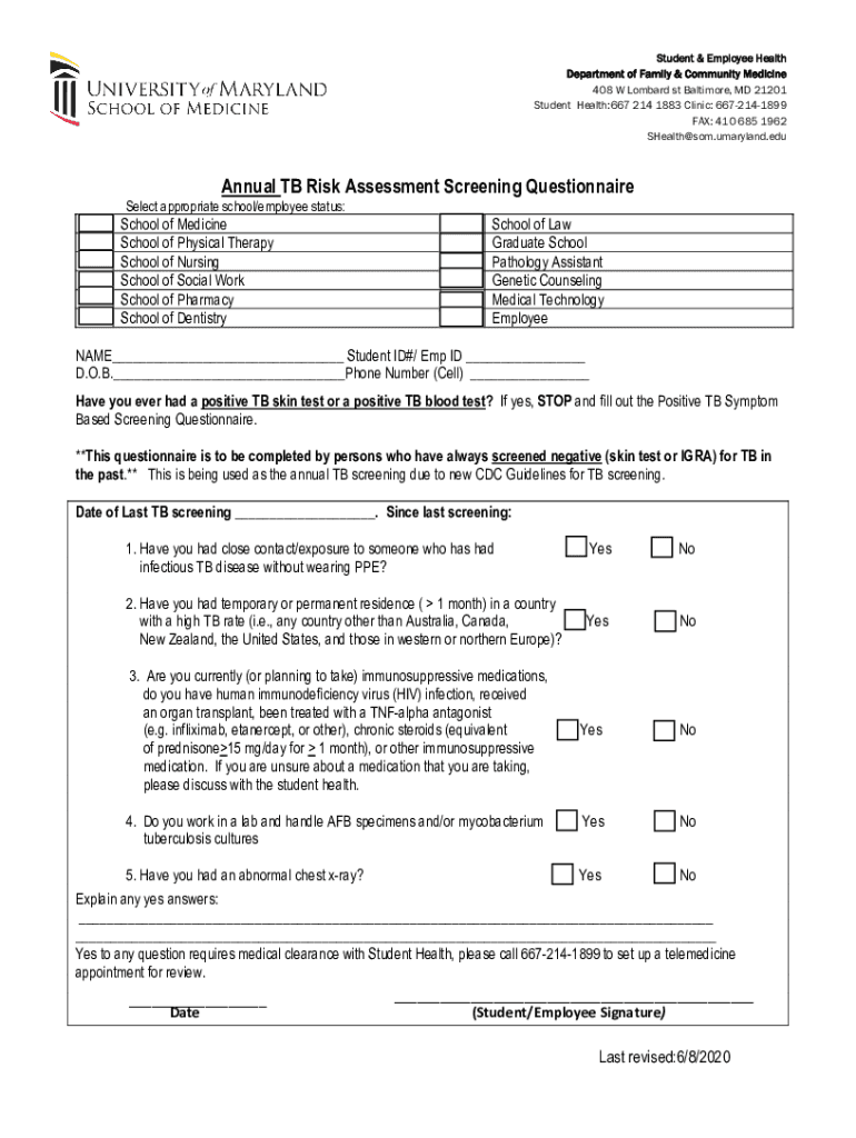 Fillable Online Annual TB Risk Assessment Screening Questionnaire Fax ...