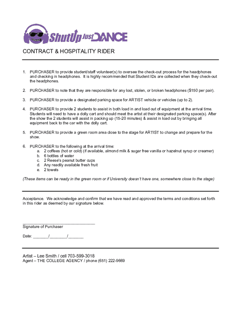 Fillable Online CONTRACT & HOSPITALITY RIDER Fax Email Print - pdfFiller