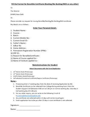 Fillable Online Bonafide Certificate : Samples, Format, Application ...