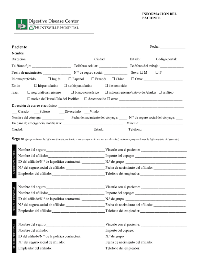 Completable En línea Informacio'n del paciente/Patient information ...