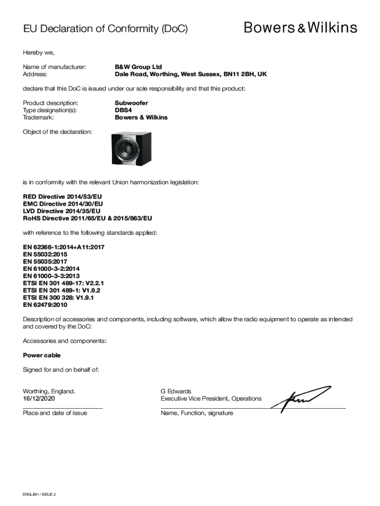 Fillable Online EU DECLARATION OF CONFORMITY (DoC) issued in ... Fax Email Print - pdfFiller