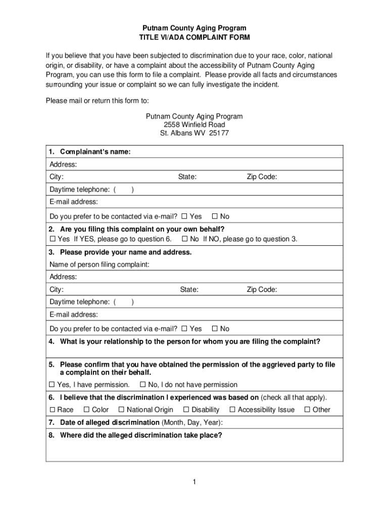 Fillable Online putnam county community center - title vi complaint form Fax Email Print - pdfFiller