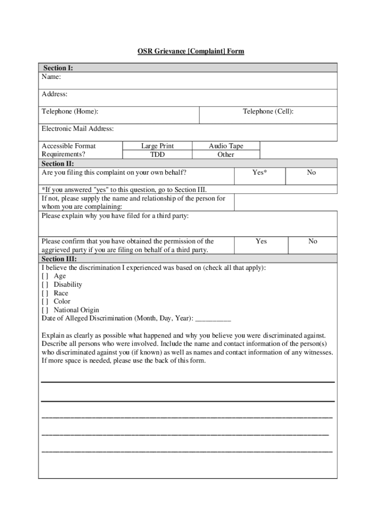 Fillable Online OSR Grievance Complaint Form Section I: Name: Address ...