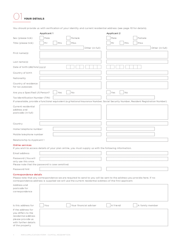 Fillable Online PIMS Application form - Capital Redemption. RL360 ...