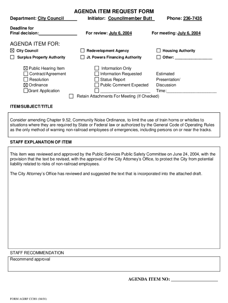 Fillable Online agenda request form horns.doc Fax Email Print - pdfFiller