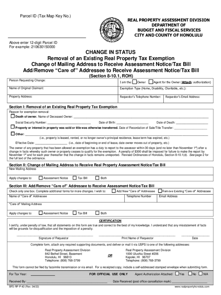 Fillable Online CLAIM FOR EXEMPTION Parcel ID (Tax Map Key) Fax Email ...