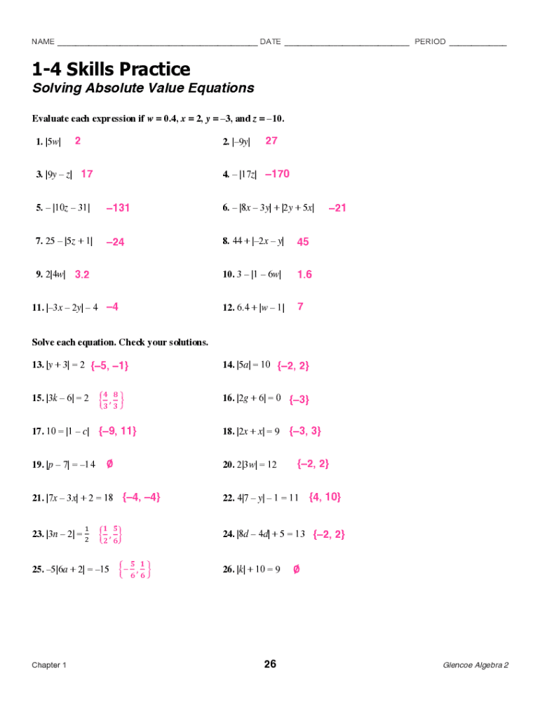 Fillable Online 1-4 Skills Practice - Solving Absolute Value Equations ...