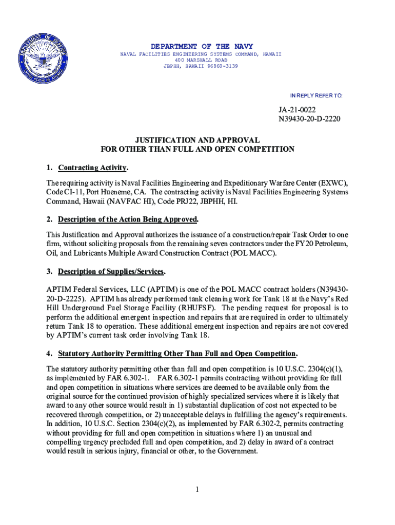 Fillable Online DEPARTMENT OF THE NAVY JA-21-0022 N39430-20-D-2220 ...