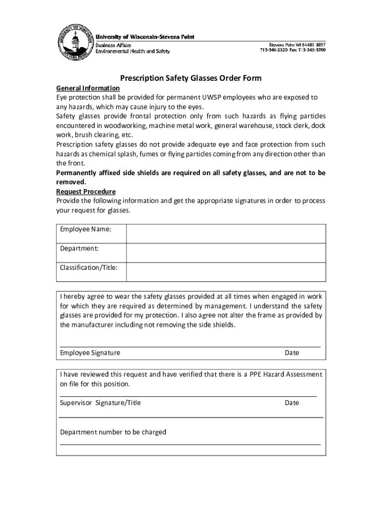 Fillable Online Prescription Safety Glasses Order Form Fax Email Print ...