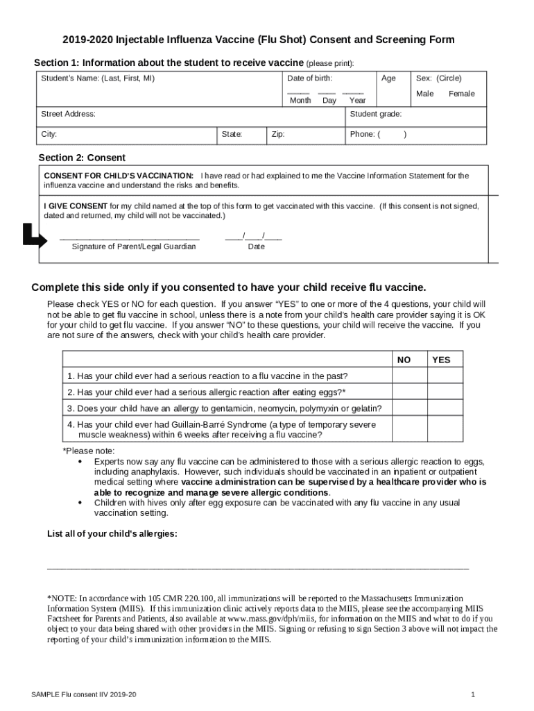 SAMPLE 2018- 2019 Injectable Influenza Vaccine (Flu Shot) ... Doc ...