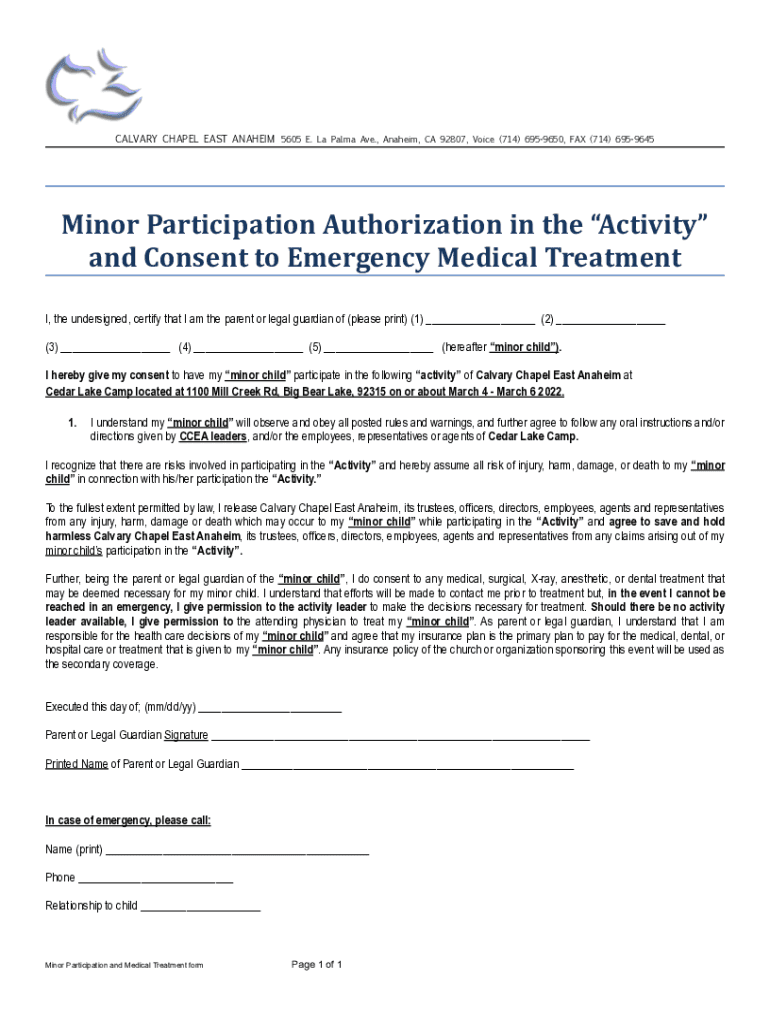 Fillable Online 2022 - Minor Participation and Consent to Emergency Medical Treatment Form Fax ...