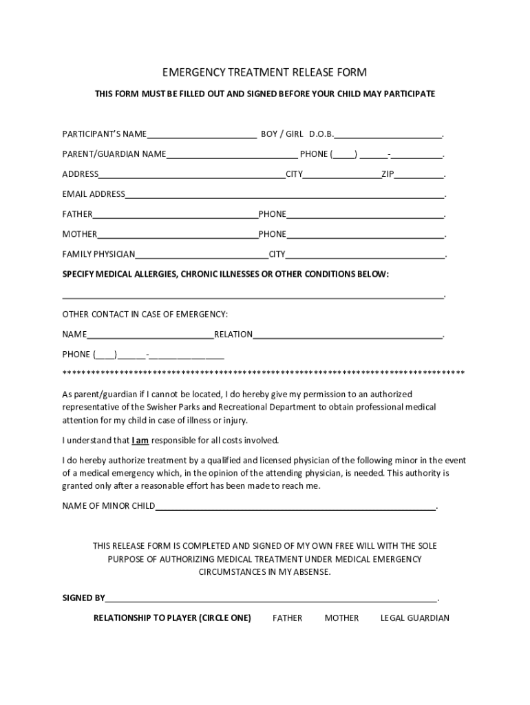 Fillable Online EMERGENCY TREATMENT RELEASE FORM Fax Email Print ...