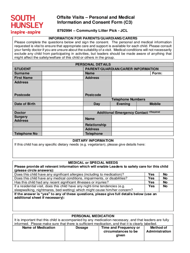 Fillable Online southhunsley org Personal and Medical Information and ...