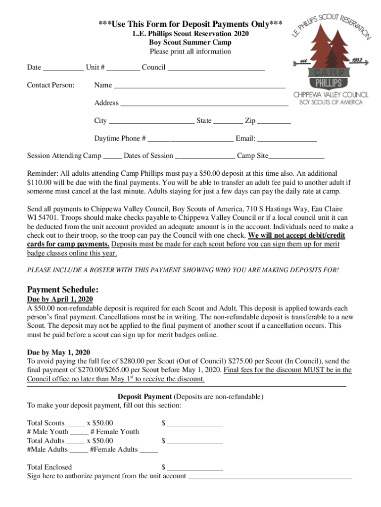 Fillable Online 2020 Boy Scout deposit payment form. ... Fax Email ...