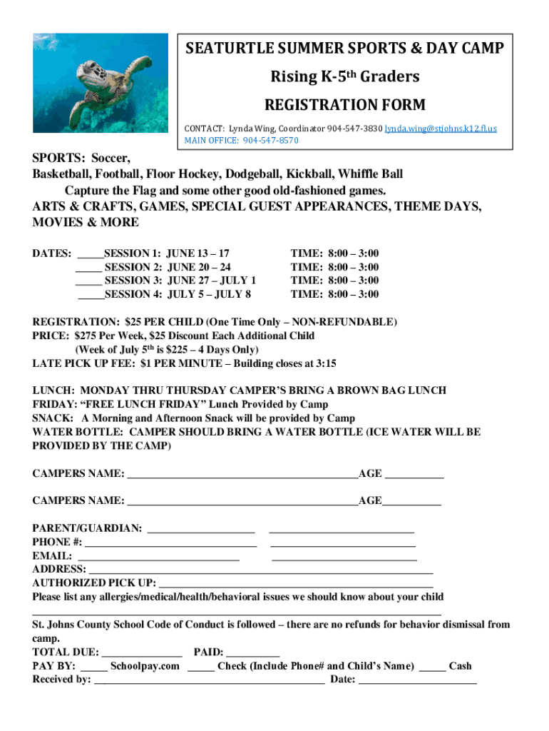 Fillable Online www-pvmkr stjohns k12 fl Sea Turtle Summer Camp Perfect For Adults And Kids ...