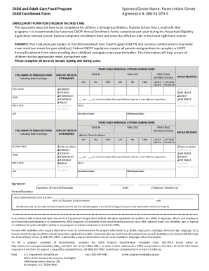 Fillable Online Parent Infant Center Child Enrollment Form Agreement ...