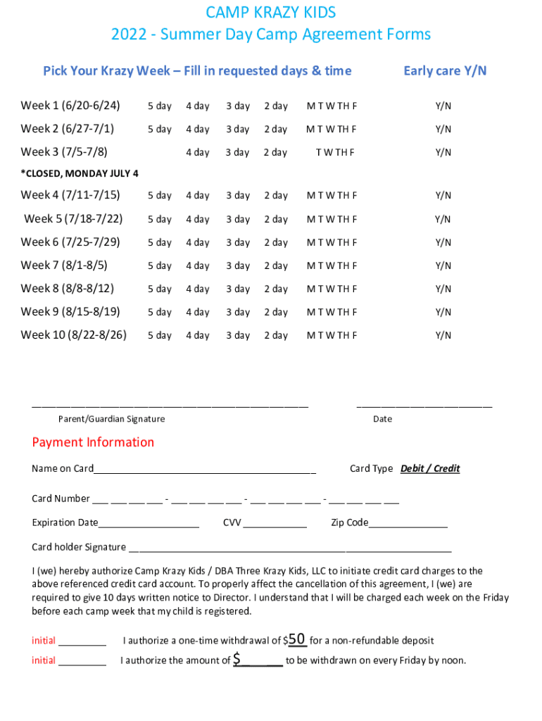 Fillable Online Summer Day Camp Agreement Forms Fax Email Print - pdfFiller