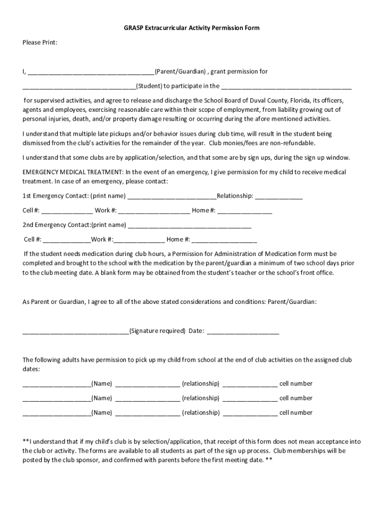 Fillable Online GRASP Extracurricular Activity Permission Form Please ...
