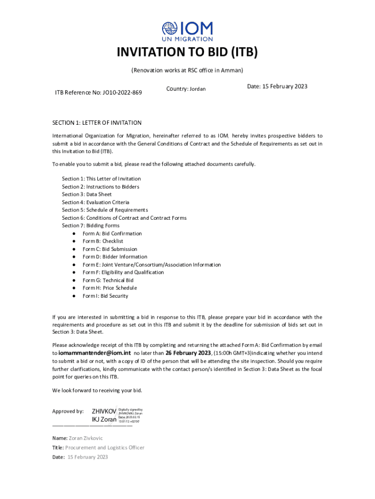 Fillable Online INVITATION TO BID (ITB) - IOM Thailand Fax Email Print ...