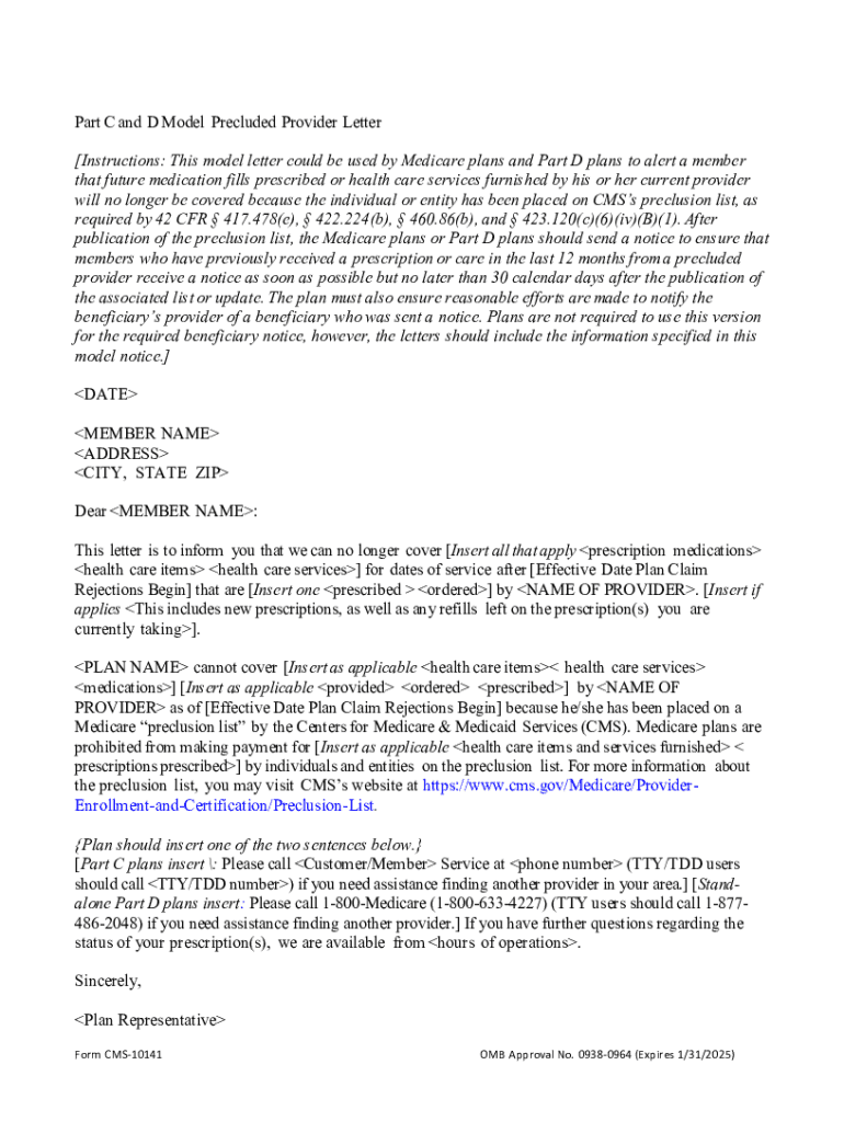 Fillable Online Part C and D Sample Precluded Provider Letter Fax Email ...