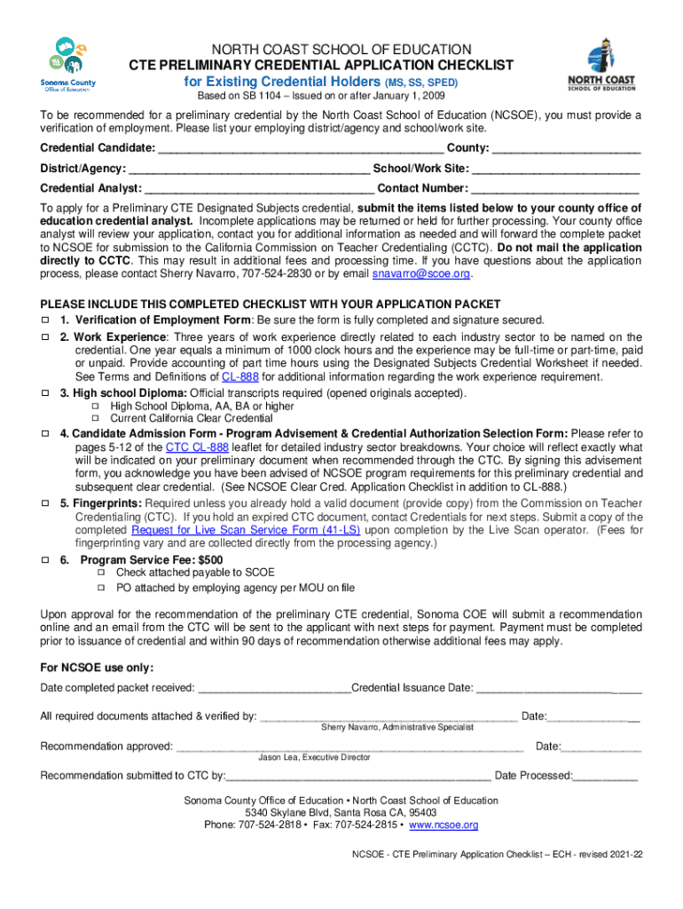 Fillable Online cte preliminary credential application checklist Fax Email Print - pdfFiller