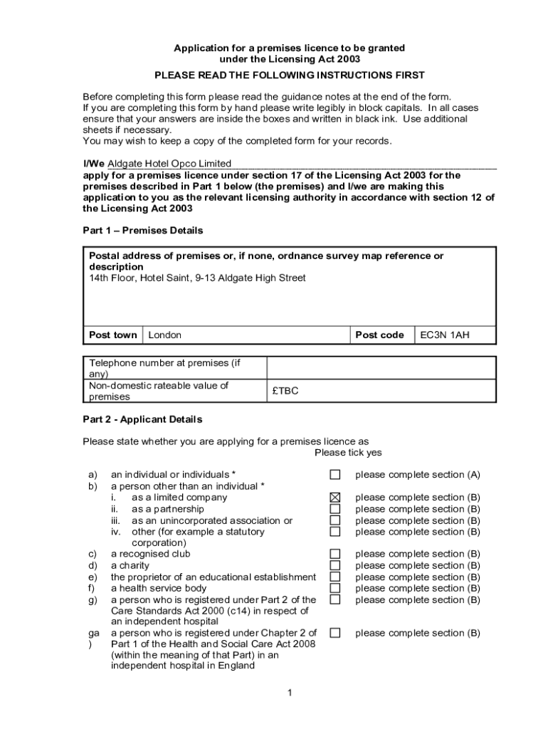 Fillable Online Application for a premises license to be granted under ...