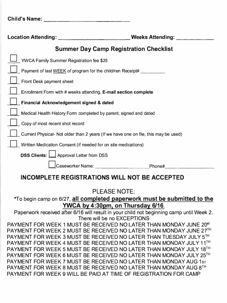 Fillable Online Summer Day Camp Registration Checklist Fax Email Print - pdfFiller