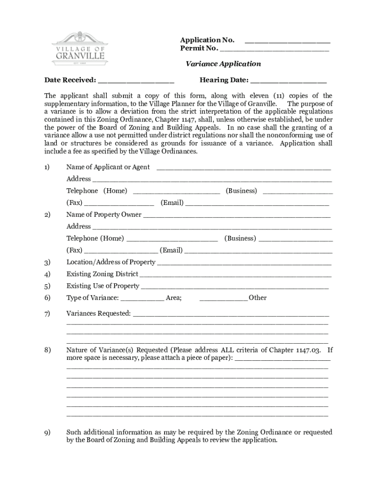 Fillable Online Variance Application Form (PDF) Fax Email Print - pdfFiller
