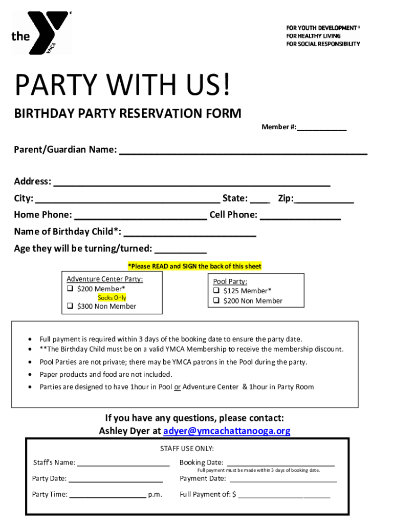Fillable Online Birthday Party Reservation Form Template Fax Email ...