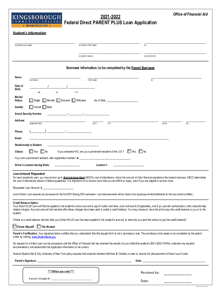 Fillable Online 20212022 Federal Direct Parent PLUS Loan Application ...