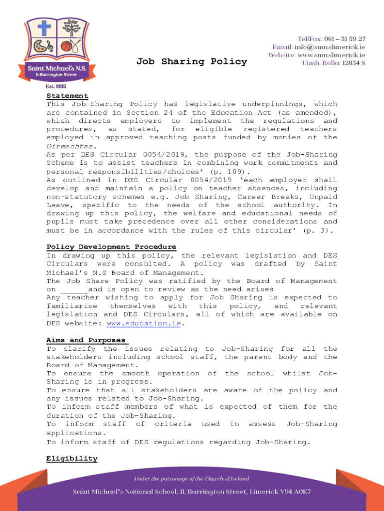 Fillable Online Job Sharing Policy - Saint Michael's National School ...