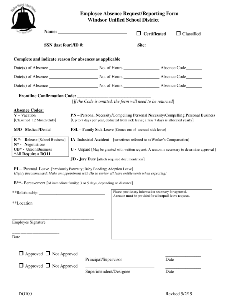 Fillable Online Employee Absence Request/Reporting Form Windsor ... Fax ...