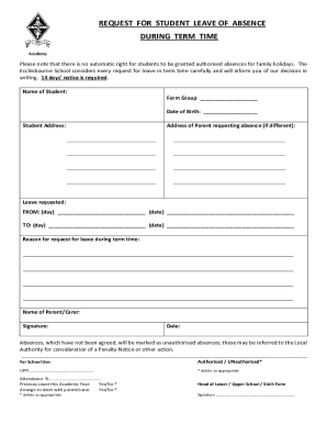 Fillable Online REQUEST FOR STUDENT LEAVE OF ABSENCE DURING ... Fax ...