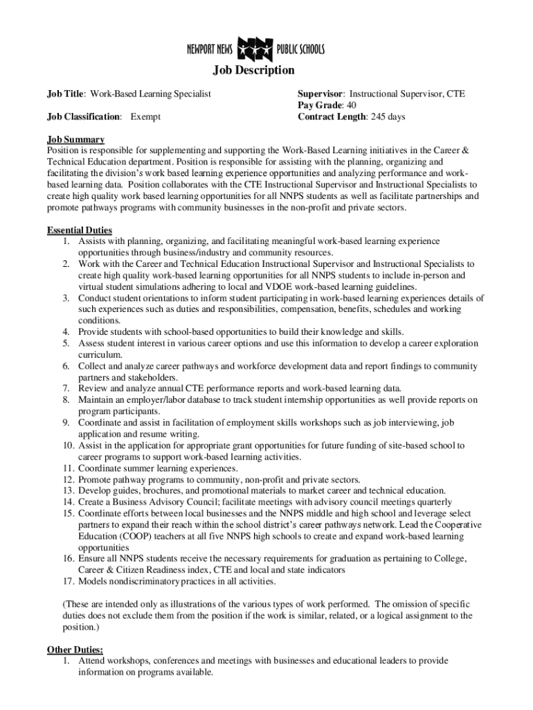 Fillable Online sbo nn k12 va Job Description Reference Guide San ...