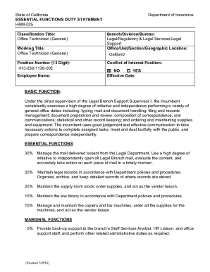 Fillable Online POSITION DUTY STATEMENT Classification Title Office ...