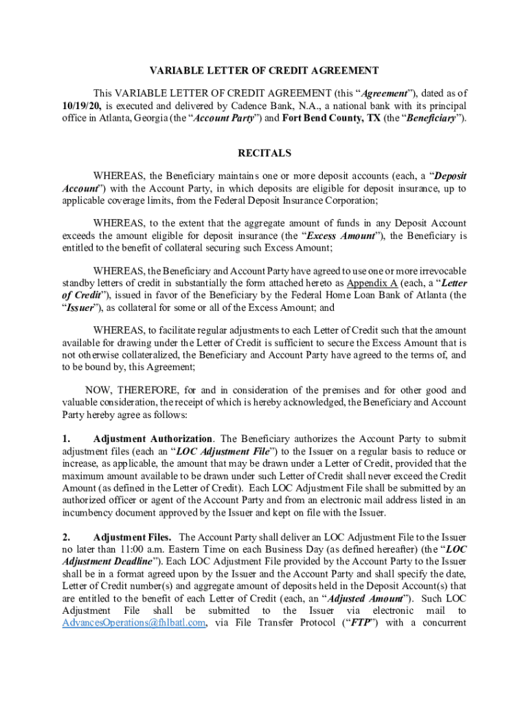 Fillable Online Cadence BankGeneric Variable Letter of Credit Agreement ...