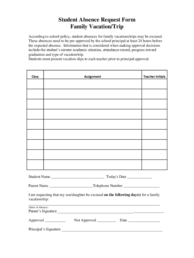 Fillable Online Student Absence Request Form Family Vacation/Trip Fax ...