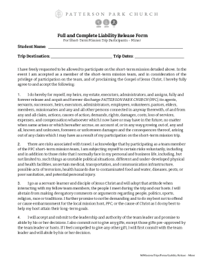 Fillable Online Sample Short-Term Mission Trip Risk Acknowledgement ...