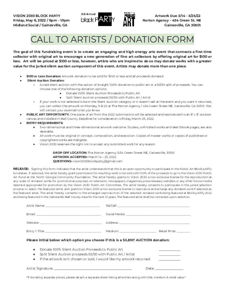 Fillable Online CALL TO ARTISTS / DONATION FORM Fax Email Print - pdfFiller