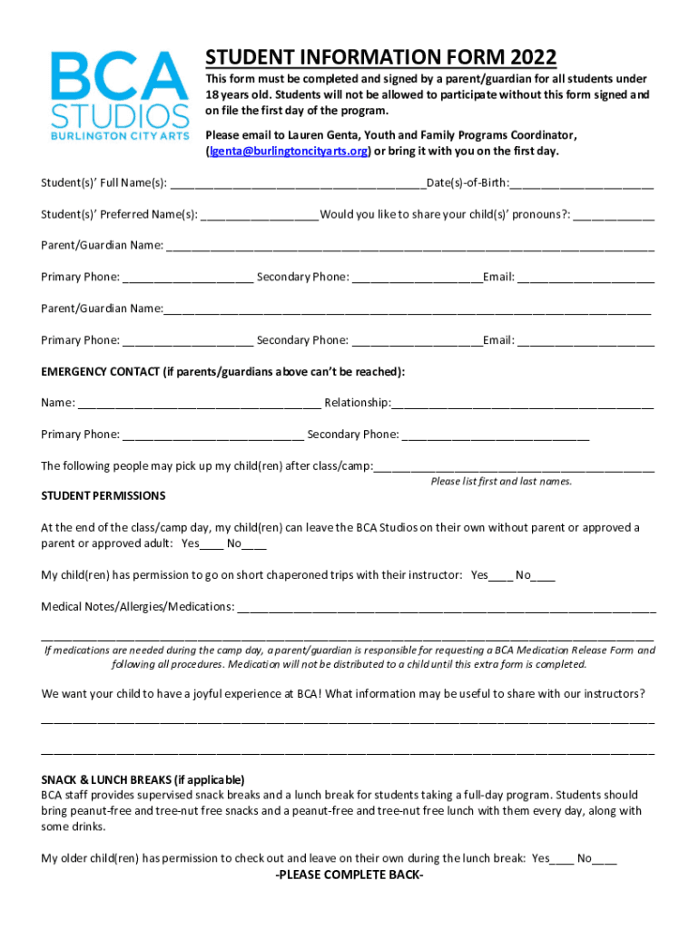 Fillable Online STUDENT INFORMATION FORM 2022 Fax Email Print - pdfFiller