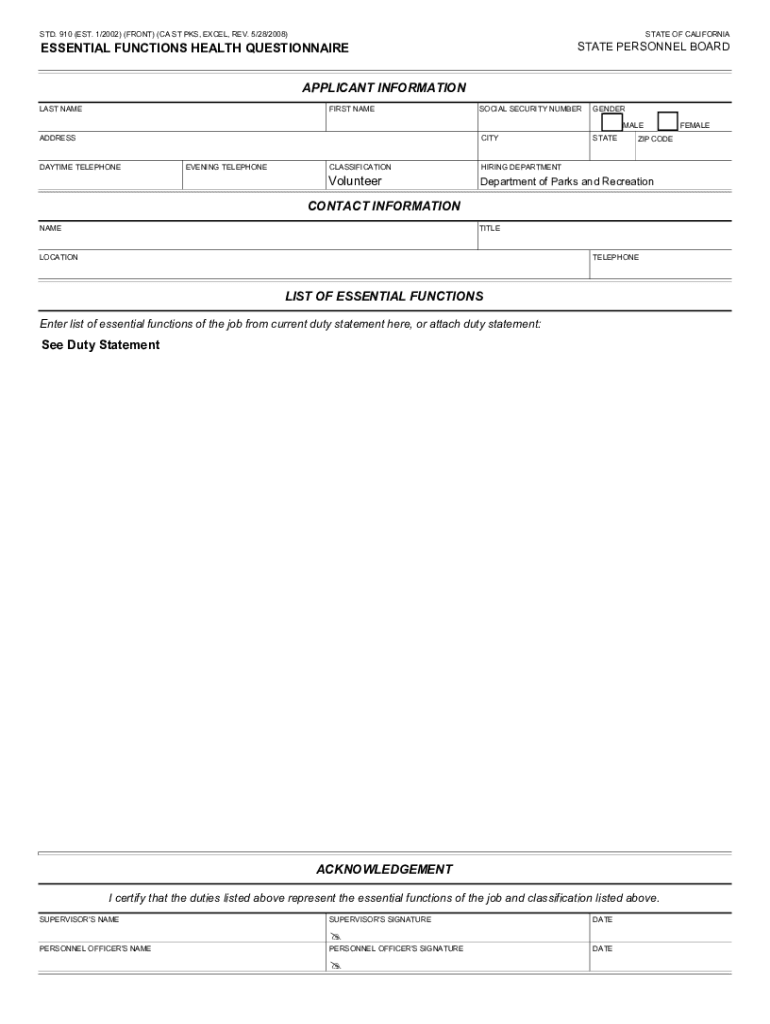 Fillable Online Essential Functions Health Questionnaire - California ...