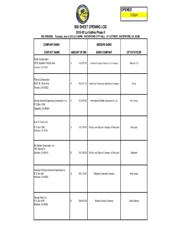Fillable Online bid sheet opening log Fax Email Print - pdfFiller
