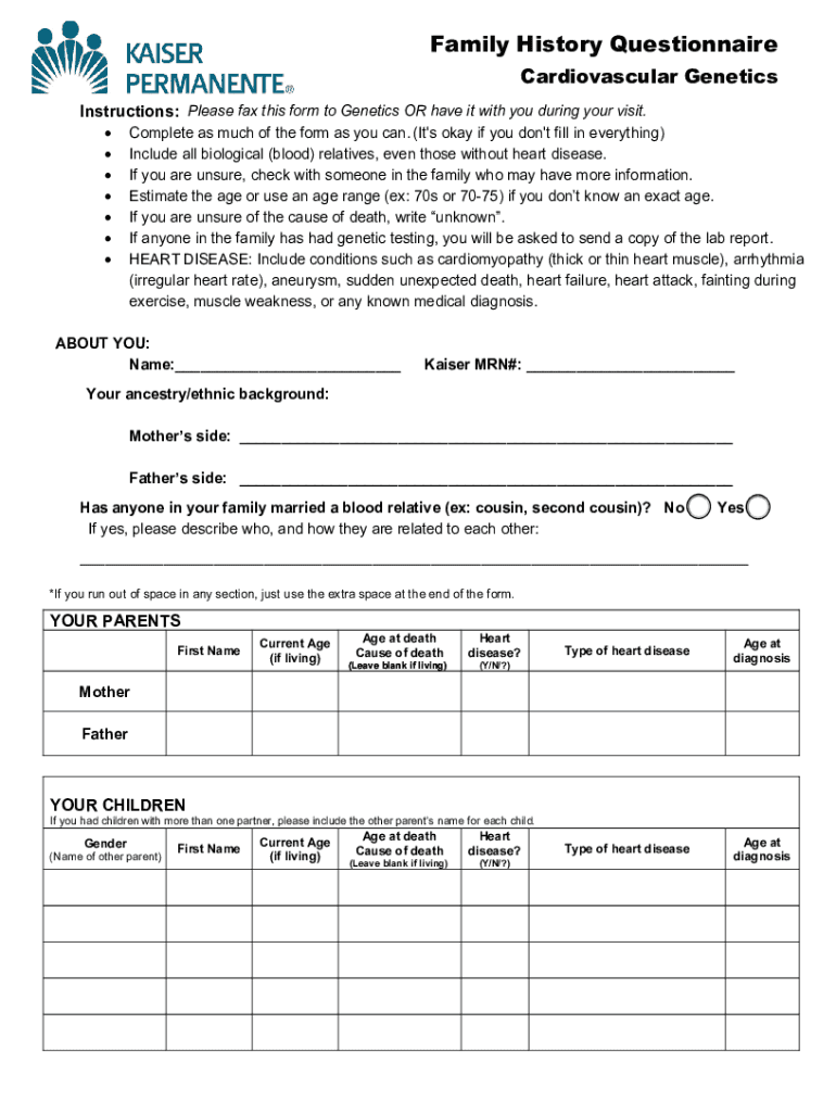 Fillable Online mydoctor kaiserpermanente Family History Questionnaire ...