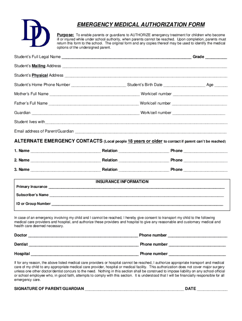 Fillable Online emergency medical authorization Fax Email Print - pdfFiller