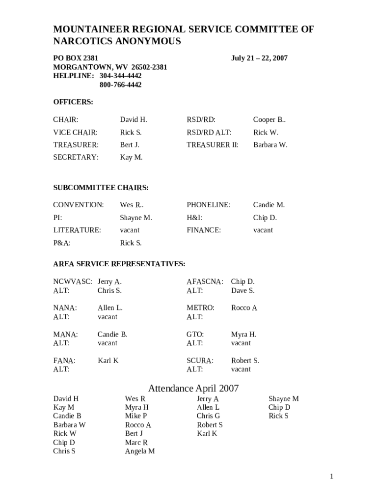 ContactsMountaineer Region of Narcotics Anonymous Doc Template | pdfFiller